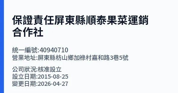 保證責任屏東縣順泰果菜運銷合作社的照片-統編 40940710(屏東縣) 公司登記資料與營業項目詳細圖表