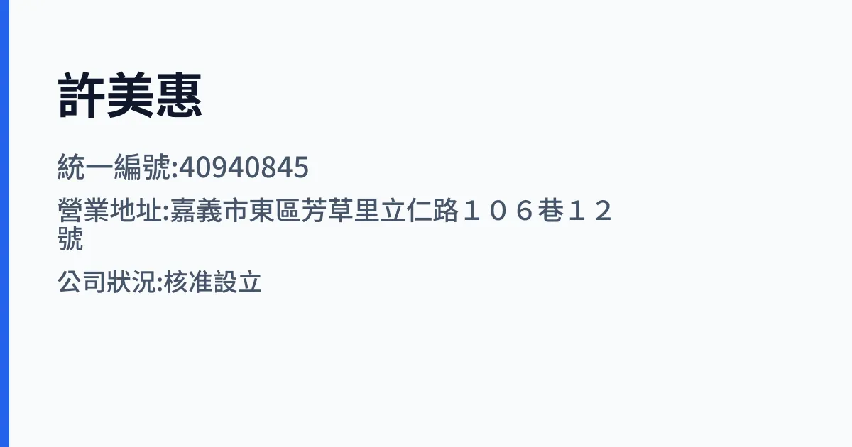 許美惠 - 統編 40940845（嘉義市） 公司登記資料與營業項目詳細圖表