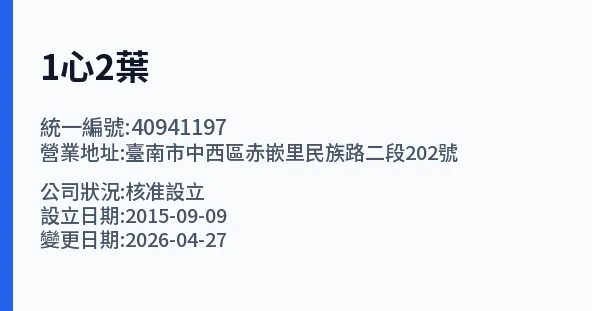 1心2葉的照片-統編 40941197(臺南市) 公司登記資料與營業項目詳細圖表