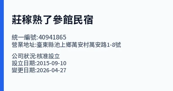 莊稼熟了參館民宿的照片-統編 40941865(臺東縣) 公司登記資料與營業項目詳細圖表