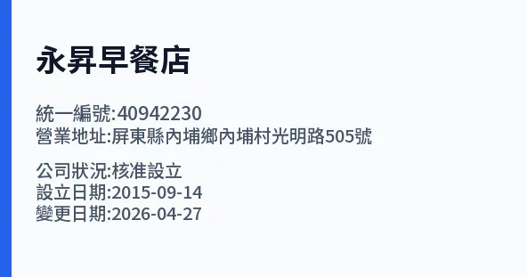 永昇早餐店的照片-統編 40942230(屏東縣) 公司登記資料與營業項目詳細圖表