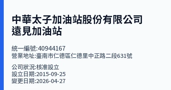 中華太子加油站股份有限公司遠見加油站的照片-統編 40944167(臺南市) 公司登記資料與營業項目詳細圖表