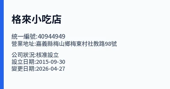 格來小吃店的照片-統編 40944949(嘉義縣) 公司登記資料與營業項目詳細圖表