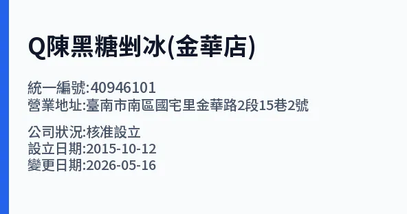 Q陳黑糖剉冰(金華店)的照片-統編 40946101(臺南市) 公司登記資料與營業項目詳細圖表