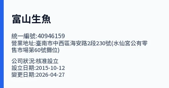 富山生魚的照片-統編 40946159(臺南市) 公司登記資料與營業項目詳細圖表