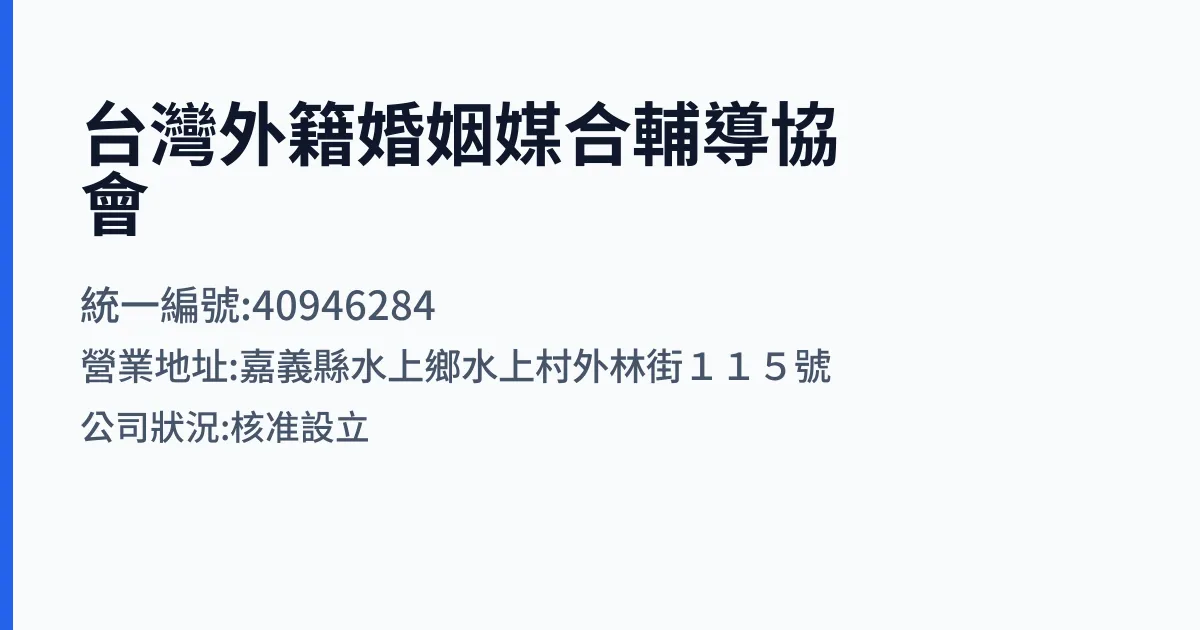 台灣外籍婚姻媒合輔導協會 - 統編 40946284(嘉義縣) 公司登記資料與營業項目詳細圖表