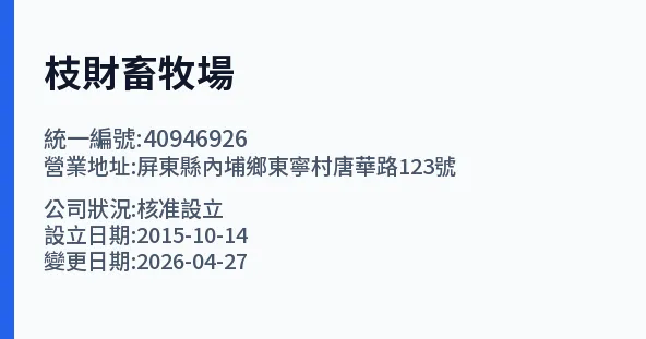 枝財畜牧場的照片-統編 40946926(屏東縣) 公司登記資料與營業項目詳細圖表