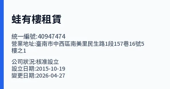 蛙有樓租賃的照片-統編 40947474(臺南市) 公司登記資料與營業項目詳細圖表