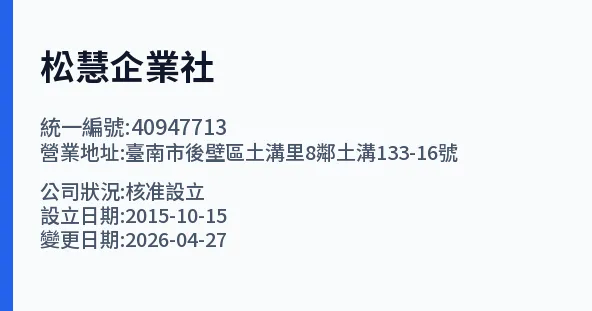 松慧企業社的照片-統編 40947713(臺南市) 公司登記資料與營業項目詳細圖表