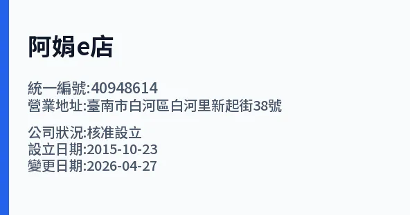 阿娟e店的照片-統編 40948614(臺南市) 公司登記資料與營業項目詳細圖表