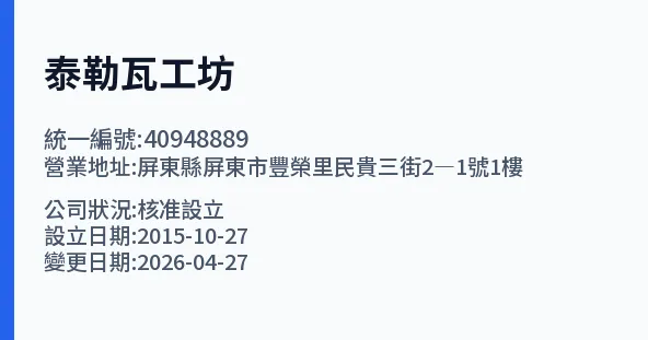 泰勒瓦工坊的照片-統編 40948889(屏東縣) 公司登記資料與營業項目詳細圖表