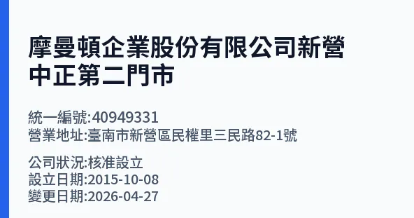 摩曼頓企業股份有限公司新營中正第二門市的照片-統編 40949331(臺南市) 公司登記資料與營業項目詳細圖表