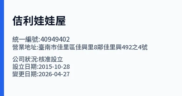 佶利娃娃屋的照片-統編 40949402(臺南市) 公司登記資料與營業項目詳細圖表