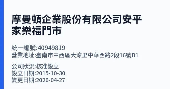 摩曼頓企業股份有限公司安平家樂福門市的照片-統編 40949819(臺南市) 公司登記資料與營業項目詳細圖表