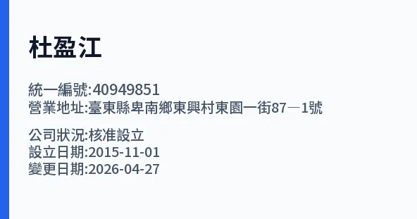 杜盈江的照片-統編 40949851(臺東縣) 公司登記資料與營業項目詳細圖表