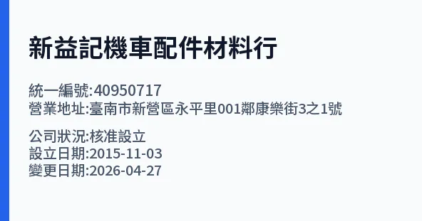 新益記機車配件材料行的照片-統編 40950717(臺南市) 公司登記資料與營業項目詳細圖表