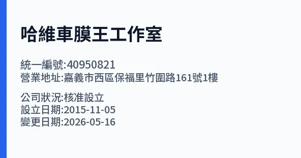 哈維車膜王工作室的照片-統編 40950821(嘉義市) 公司登記資料與營業項目詳細圖表