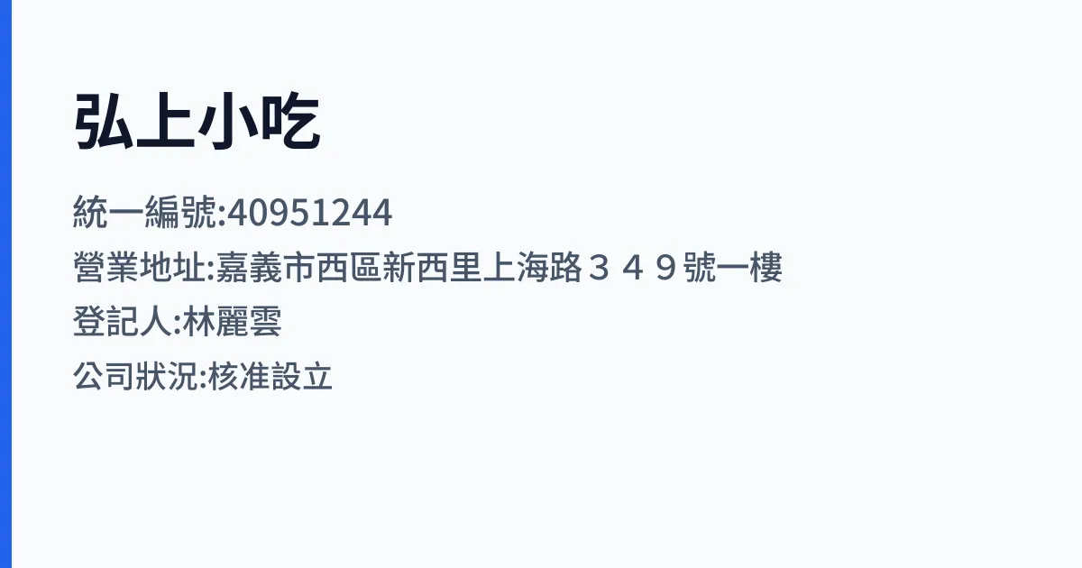 弘上小吃 - 統編 40951244（嘉義市） 公司登記資料與營業項目詳細圖表