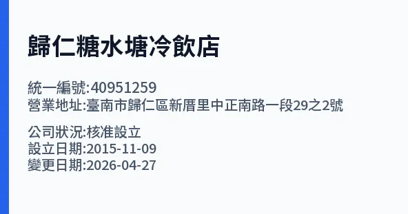 歸仁糖水塘冷飲店的照片-統編 40951259(臺南市) 公司登記資料與營業項目詳細圖表