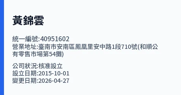 黃錦雲的照片-統編 40951602(臺南市) 公司登記資料與營業項目詳細圖表