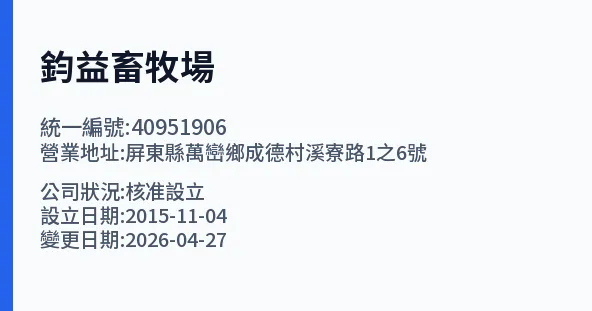 鈞益畜牧場的照片-統編 40951906(屏東縣) 公司登記資料與營業項目詳細圖表