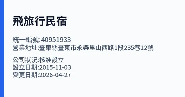 飛旅行民宿的照片-統編 40951933(臺東縣) 公司登記資料與營業項目詳細圖表