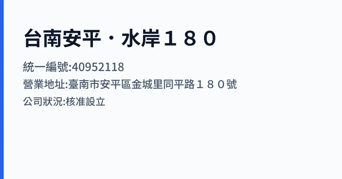 台南安平．水岸１８０ - 統編 40952118（臺南市） 公司登記資料與營業項目詳細圖表
