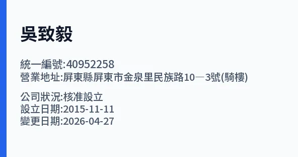 吳致毅的照片-統編 40952258(屏東縣) 公司登記資料與營業項目詳細圖表