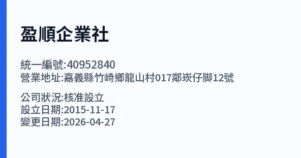 盈順企業社的照片-統編 40952840(嘉義縣) 公司登記資料與營業項目詳細圖表