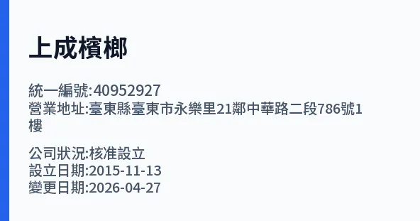 上成檳榔的照片-統編 40952927(臺東縣) 公司登記資料與營業項目詳細圖表
