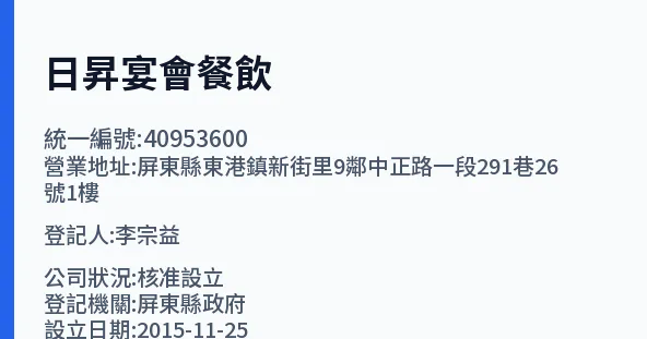 日昇宴會餐飲的照片-統編 40953600(屏東縣) 公司登記資料與營業項目詳細圖表