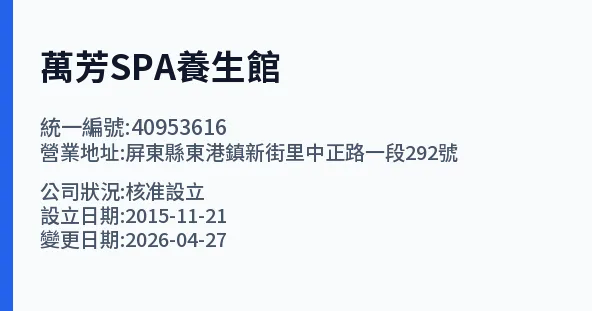萬芳SPA養生館的照片-統編 40953616(屏東縣) 公司登記資料與營業項目詳細圖表