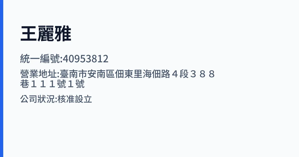 王麗雅 - 統編 40953812(臺南市) 公司登記資料與營業項目詳細圖表