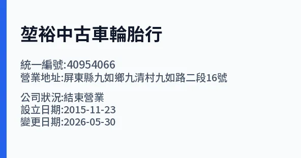 堃裕中古車輪胎行的照片-統編 40954066(屏東縣) 公司登記資料與營業項目詳細圖表