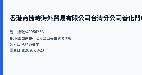 香港商捷時海外貿易有限公司台灣分公司善化門市部的照片-統編 40954256(臺南市) 公司登記資料與營業項目詳細圖表