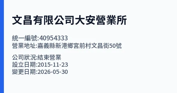 文昌有限公司大安營業所的照片-統編 40954333(嘉義縣) 公司登記資料與營業項目詳細圖表