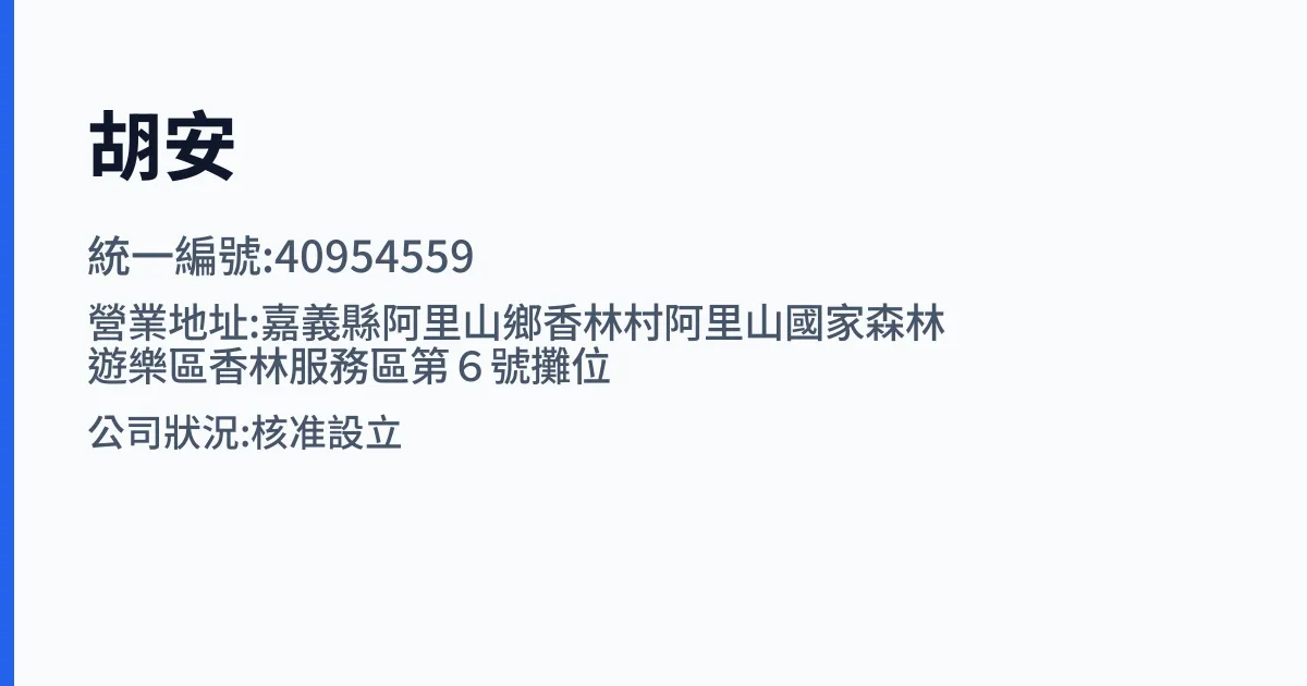 胡安 - 統編 40954559（嘉義縣） 公司登記資料與營業項目詳細圖表