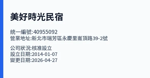 美好時光民宿的照片-統編 40955092(新北市) 公司登記資料與營業項目詳細圖表