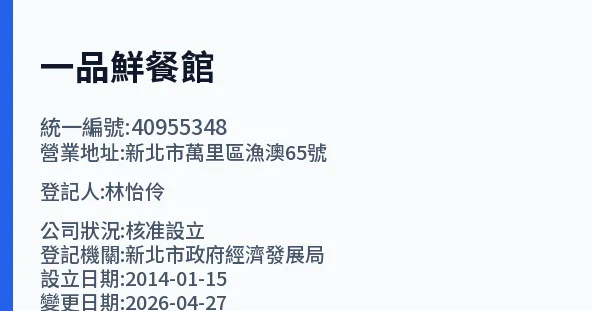 一品鮮餐館的照片-統編 40955348(新北市) 公司登記資料與營業項目詳細圖表
