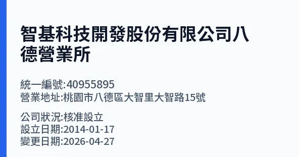 智基科技開發股份有限公司八德營業所的照片-統編 40955895(桃園市) 公司登記資料與營業項目詳細圖表