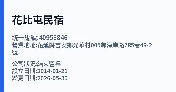 花比屯民宿的照片-統編 40956846(花蓮縣) 公司登記資料與營業項目詳細圖表