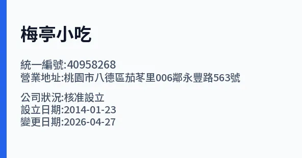 梅亭小吃的照片-統編 40958268(桃園市) 公司登記資料與營業項目詳細圖表