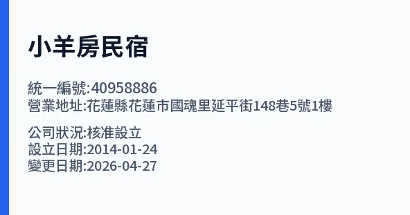 小羊房民宿的照片-統編 40958886(花蓮縣) 公司登記資料與營業項目詳細圖表
