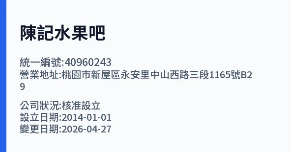 陳記水果吧的照片-統編 40960243(桃園市) 公司登記資料與營業項目詳細圖表