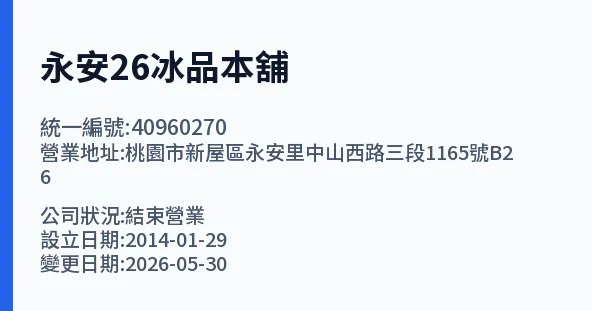 永安26冰品本舖的照片-統編 40960270(桃園市) 公司登記資料與營業項目詳細圖表