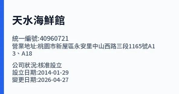 天水海鮮館的照片-統編 40960721(桃園市) 公司登記資料與營業項目詳細圖表