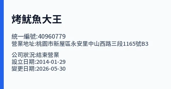 烤魷魚大王的照片-統編 40960779(桃園市) 公司登記資料與營業項目詳細圖表