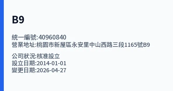 B9的照片-統編 40960840(桃園市) 公司登記資料與營業項目詳細圖表