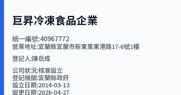 巨昇冷凍食品企業的照片-統編 40967772(宜蘭縣) 公司登記資料與營業項目詳細圖表