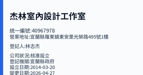杰林室內設計工作室的照片-統編 40967978(宜蘭縣) 公司登記資料與營業項目詳細圖表